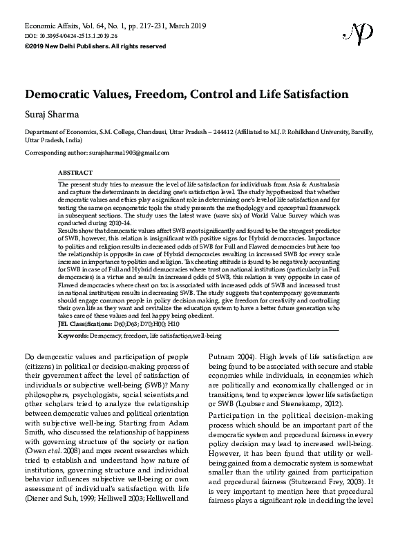 (PDF) Democratic Values, Freedom, Control and Life Satisfaction