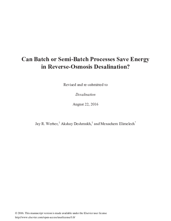 (PDF) Can batch or semi-batch processes save energy in reverse-osmosis desalination?