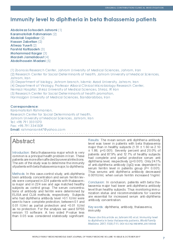 (PDF) Immunity Level to Diphtheria in Beta Thalassemia Patients