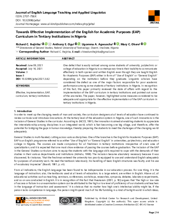 (PDF) Towards Effective Implementation of the English for Academic ...
