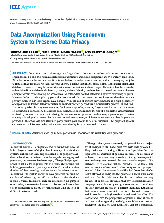 (PDF) Data Anonymization Using Pseudonym System to Preserve Data Privacy