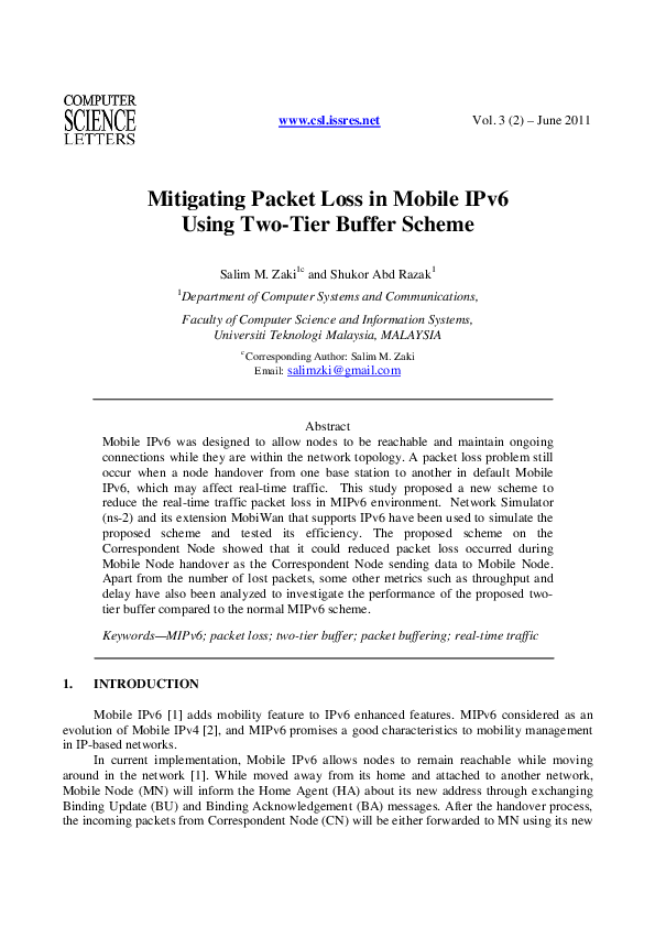 Pdf Mitigating Packet Loss In Mobile Ipv6 Using Two Tier Buffer Scheme Shukor Razak 4958