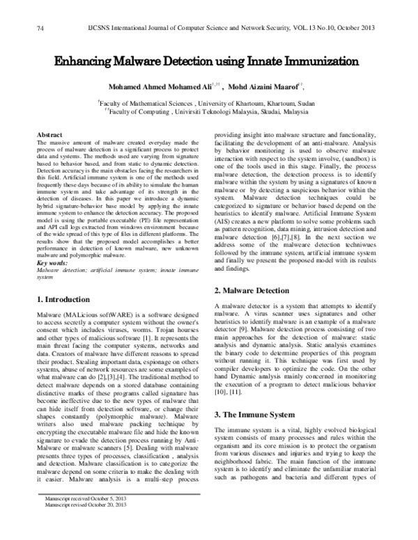 (PDF) Enhancing Malware Detection using Innate Immunization