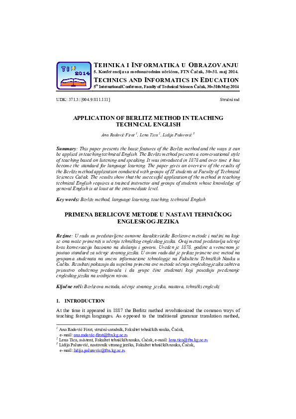 (PDF) Application of Berlitz Method in Teaching Technical English
