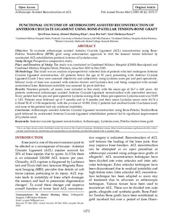 (PDF) Functional Outcome of Arthroscope Assisted Reconstruction of Anterior Cruciate Ligament ...