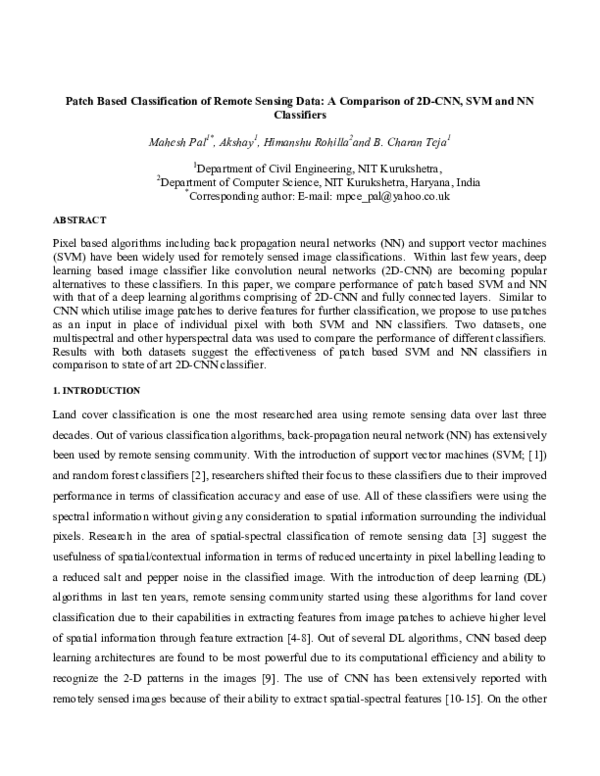 Pdf Patch Based Classification Of Remote Sensing Data A Comparison