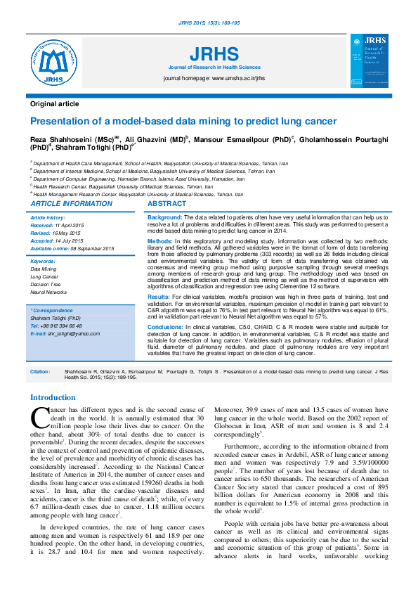 (PDF) Presentation of a model-based data mining to predict lung cancer