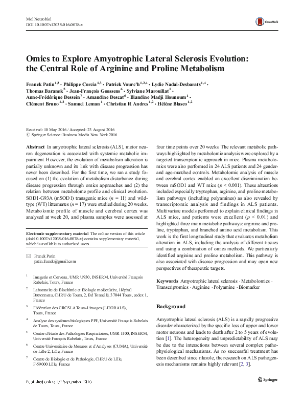 (PDF) Omics to Explore Amyotrophic Lateral Sclerosis Evolution: the Central Role of Arginine and ...