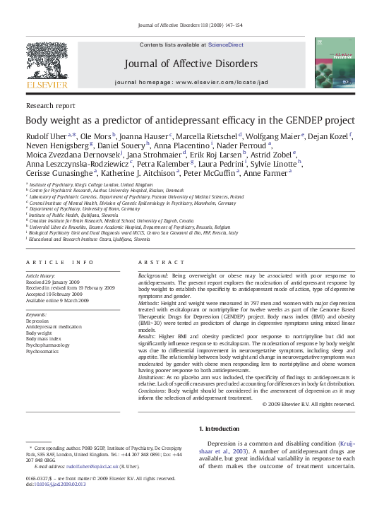 (PDF) Body weight as a predictor of antidepressant efficacy in the ...
