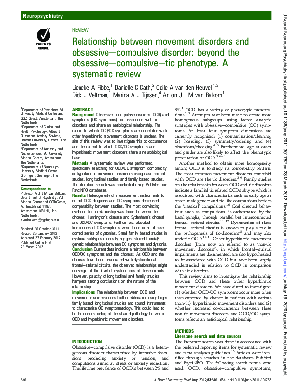 (PDF) Relationship between movement disorders and obsessive–compulsive disorder: beyond the ...