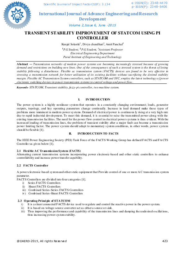 (PDF) Transient Stability Improvement of Statcom Using Pi Controller