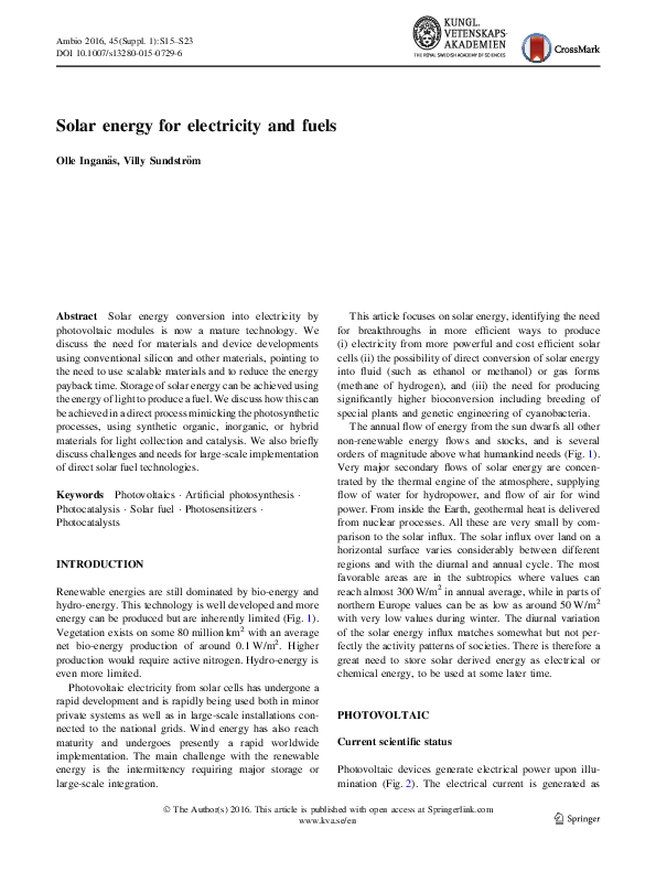 (PDF) Solar energy for electricity and fuels