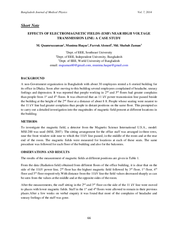 (PDF) Effects of Electromagnetic Fields (EMF)Near High Voltage Transmission Line: a Case Study
