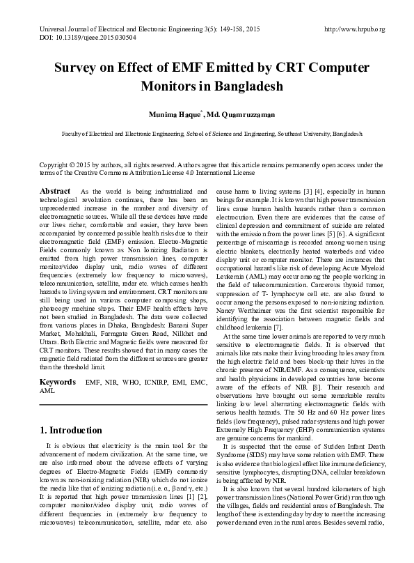 (PDF) Survey on Effect of EMF Emitted by CRT Computer Monitors in Bangladesh