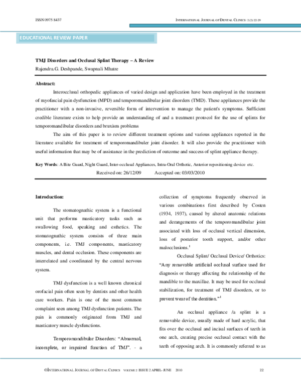 (PDF) TMJ Disorders and Occlusal Splint Therapy-A Review Introduction