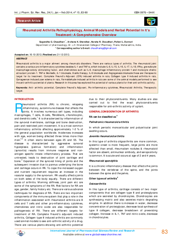 (PDF) Rheumatoid arthritis pathophysiology, animal models and herbal ...