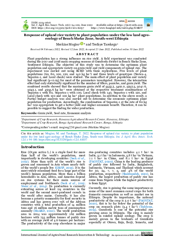 (PDF) Response of upland rice variety to plant population under the low ...