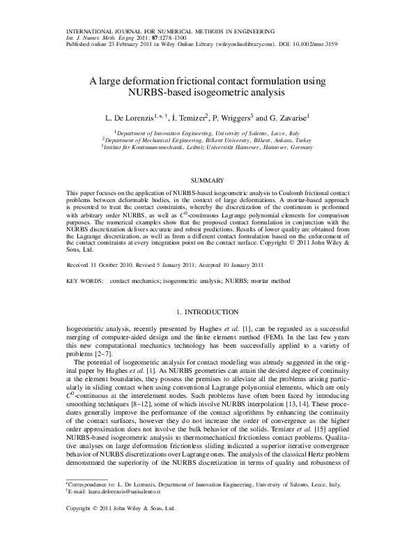 Pdf A Large Deformation Frictional Contact Formulation Using Nurbs Based Isogeometric Analysis
