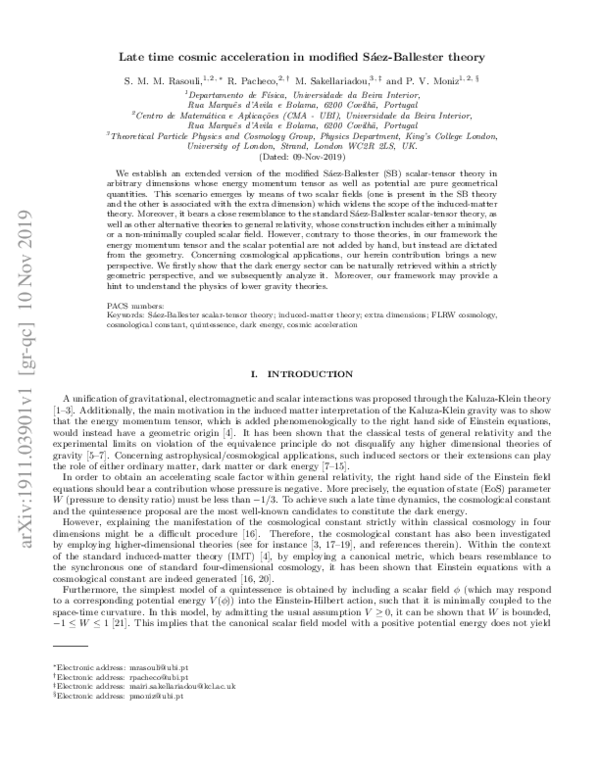(PDF) Late time cosmic acceleration in modified Sáez–Ballester theory
