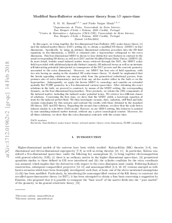 (PDF) Modified Saez–Ballester scalar–tensor theory from 5D space-time