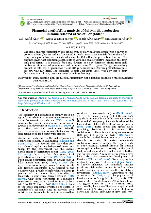 (PDF) Financial profitability analysis of dairy milk production in some ...
