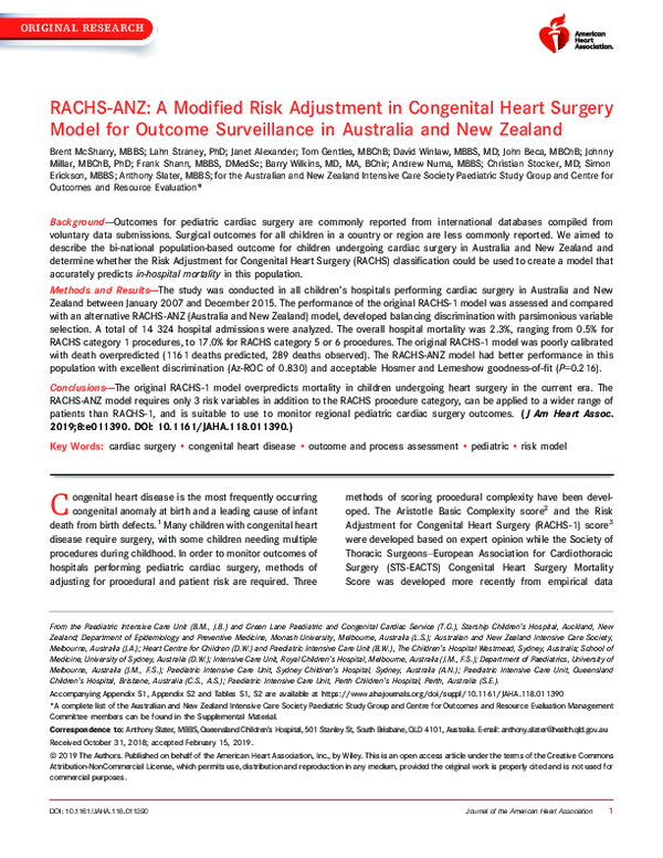 (PDF) RACHS‐ANZ: A Modified Risk Adjustment in Congenital Heart Surgery ...