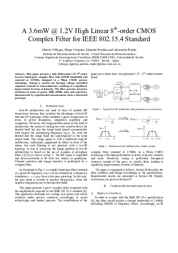 (PDF) A 3.6mW @ 1.2V high linear 8 th -order CMOS complex filter for ...