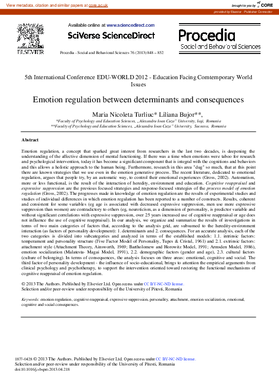 (PDF) Emotion Regulation between Determinants and Consequences