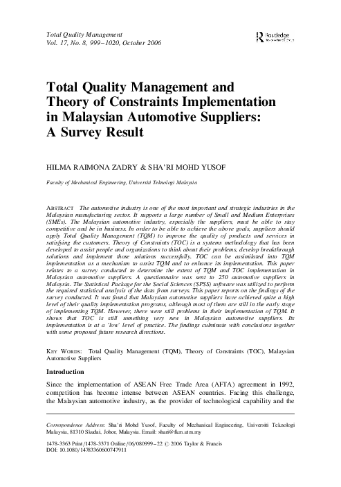 (PDF) Total Quality Management and Theory of Constraints Implementation in Malaysian Automotive ...