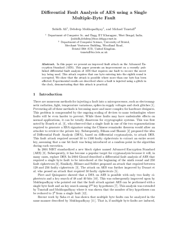 Pdf Differential Fault Analysis Of Aes Using A Single Multiple Byte Fault 3798