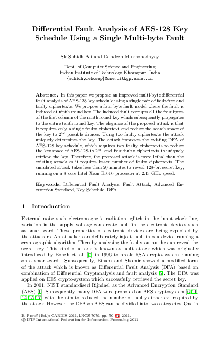 Pdf Efficient Multi Byte Dfa For Aes 128 Key Schedule