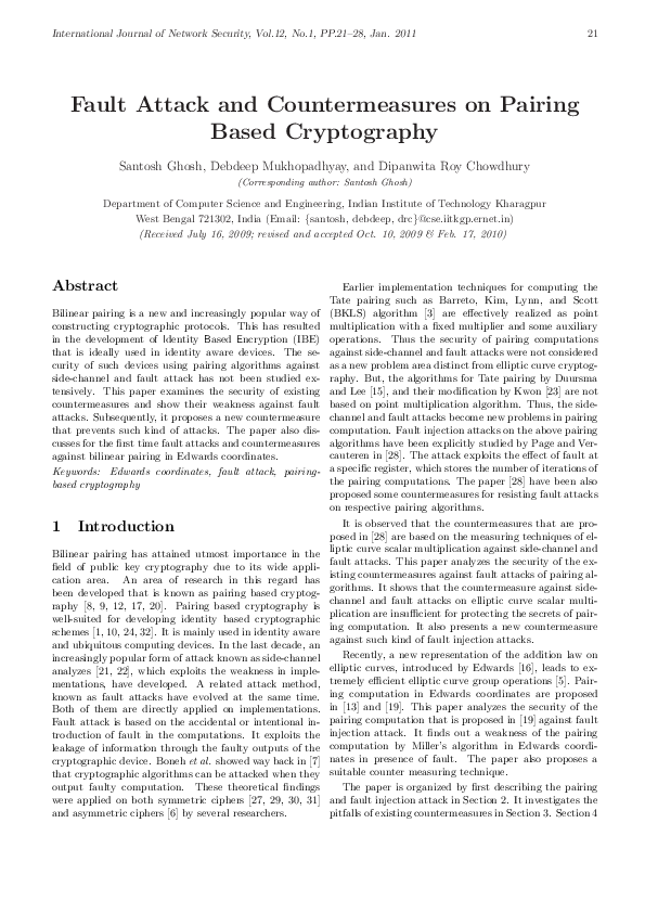 (PDF) Fault Attack, Countermeasures on Pairing Based Cryptography