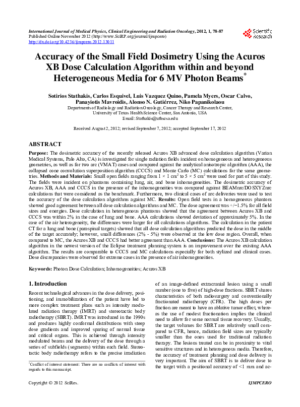 Pdf Accuracy Of The Small Field Dosimetry Using The Acuros Xb Dose Calculation Algorithm