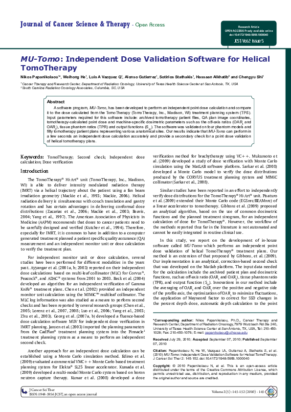 (PDF) MU-Tomo: Independent Dose Validation Software for Helical TomoTherapy