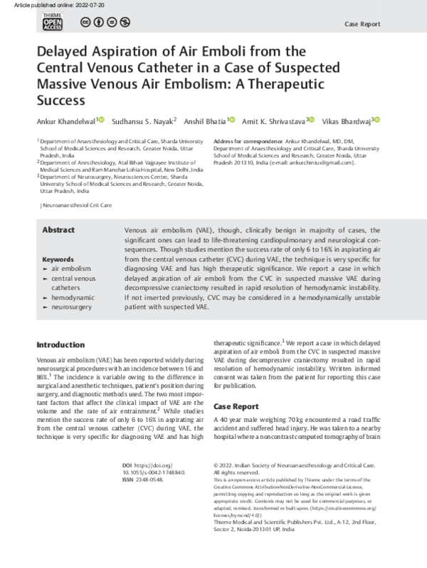 (PDF) Delayed Aspiration of Air Emboli from the Central Venous Catheter in a Case of Suspected ...