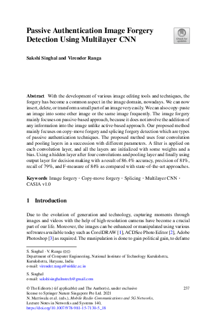 (PDF) Passive Authentication Image Forgery Detection Using Multilayer CNN