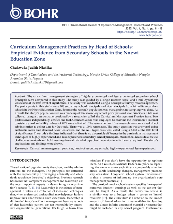 (PDF) Curriculum Management Practices by Head of Schools: Empirical ...