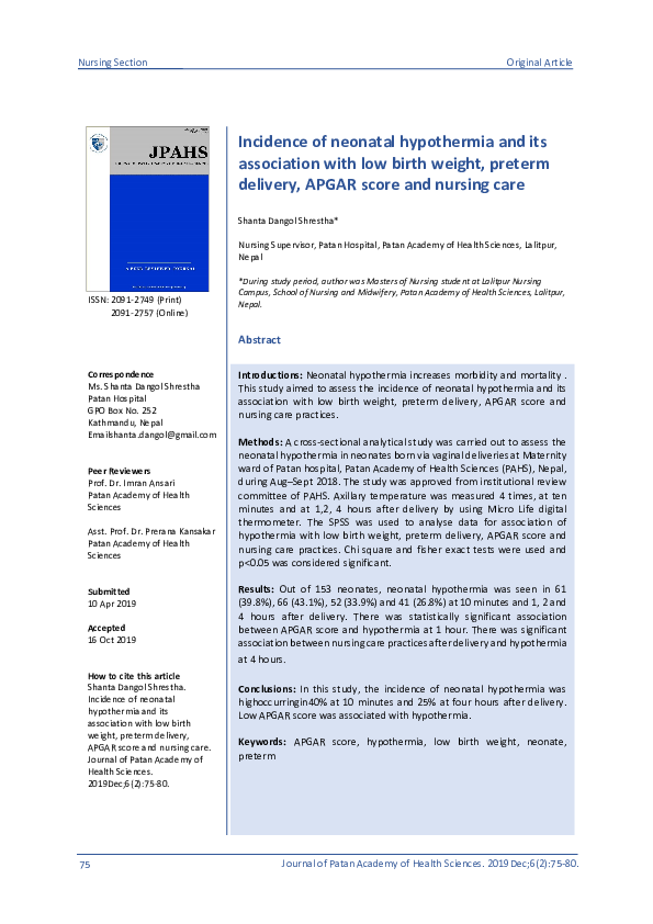 (PDF) Incidence of neonatal hypothermia and its association with low ...