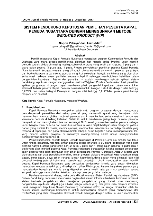 (PDF) Sistem Pendukung Keputusan Pemilihan Peserta Kapal Pemuda Nusantara Dengan Menggunakan ...