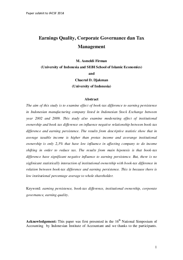 (PDF) Earnings Quality, Corporate Governance dan Tax Management