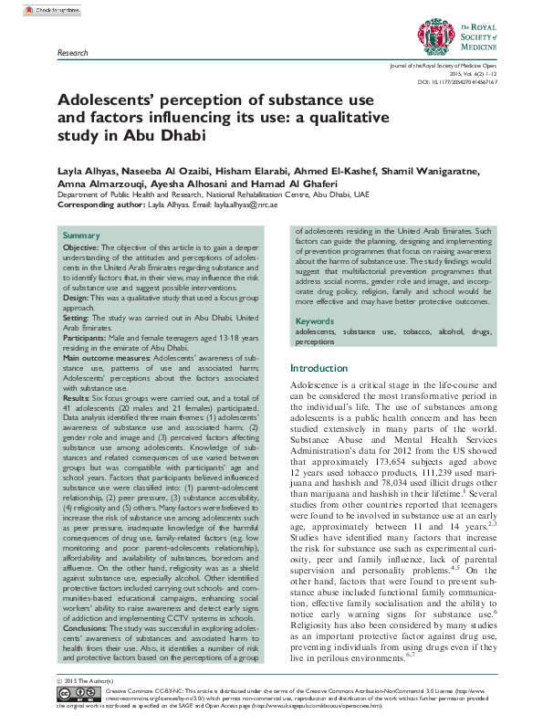 (PDF) Adolescents’ perception of substance use and factors influencing its use: a qualitative ...