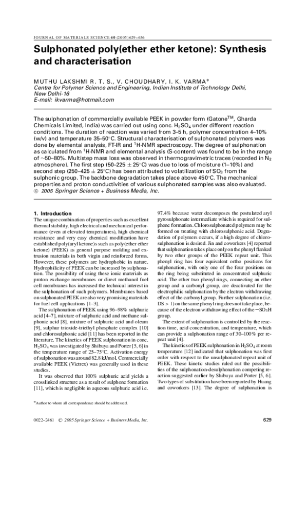 (PDF) Sulphonated poly(ether ether ketone): Synthesis and characterisation