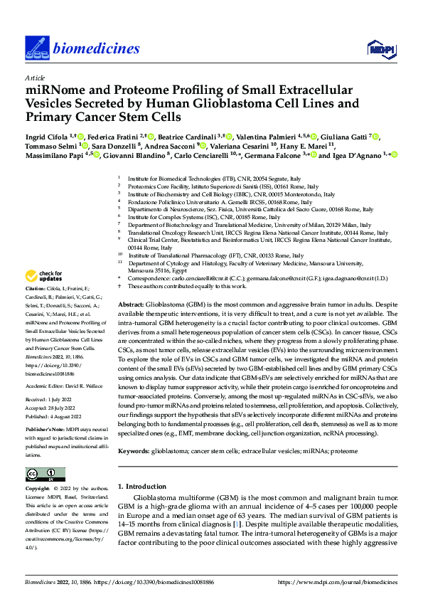 (PDF) miRNome and Proteome Profiling of Small Extracellular Vesicles Secreted by Human ...