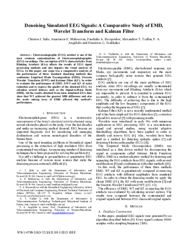 (PDF) Denoising simulated EEG signals: A comparative study of EMD, wavelet transform and Kalman ...