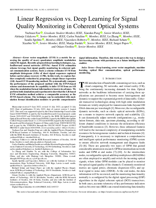 Pdf Linear Regression Vs Deep Learning For Signal Quality Monitoring In Coherent Optical Systems
