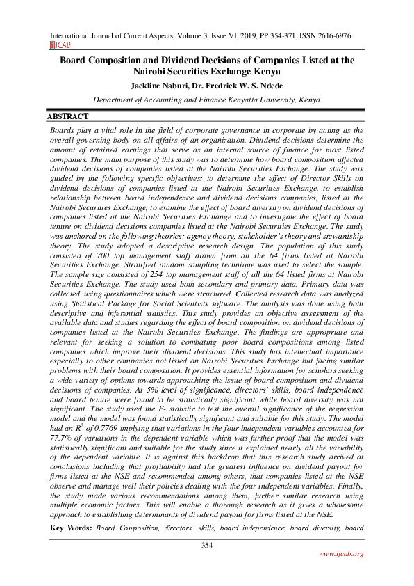 (PDF) Board Composition and Dividend Decisions of Companies Listed at the Nairobi Securities ...