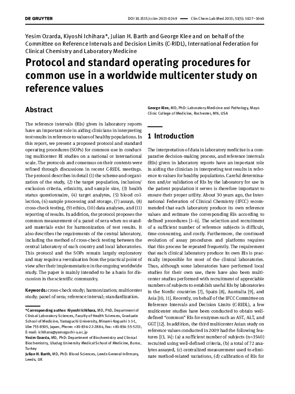 (PDF) Protocol and standard operating procedures for common use in a ...