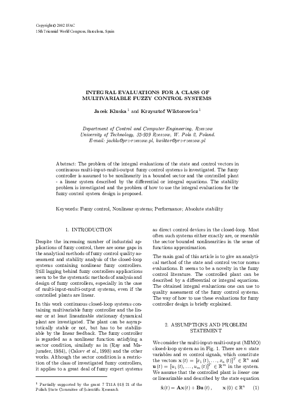 Pdf Integral Evaluations For A Class Of Multivariable Fuzzy Control Systems 5540
