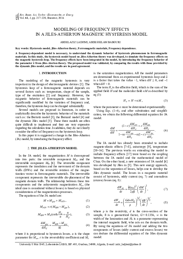 (PDF) Modeling of Frequency Effects in a Jiles-Atherton Magnetic ...