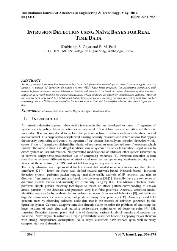 Pdf Intrusion Detection Using Naïve Bayes For Real Time Data Shubhangi Gujar 0330